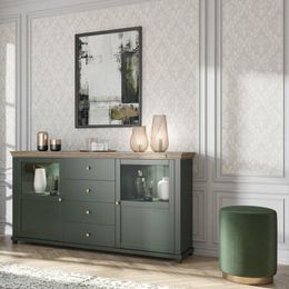 Lomadox Sideboard mit Glaseinsätzen und led Beleuchtung EPSOM-83 Landhaus grün mit Lefkas Eiche Nb., b/h/t: ca. 181/93/42 cm - grün