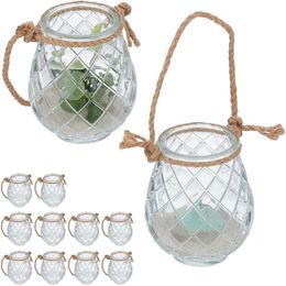 Windlicht, 12er Set, Glas, Henkel aus Hanfseil, innen & außen, Teelichthalter, 10 x 8,5 cm, transparent/natur - Relaxdays