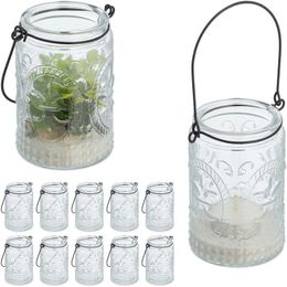 Windlicht, 12er Set, Glas mit Henkel, innen & außen, 10,5 x 7 cm, Hochzeit Teelichthalter, transparent/schwarz - Relaxdays