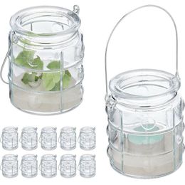 Windlicht, 12er Set, Glas, mit Henkel, innen & außen, runde Teelichthalter, hd 9 x 7,5 cm, transparent/silber - Relaxdays