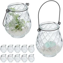 Windlicht, 12er Set, Glas, mit Henkel, HxD: 10 x 8,5 cm, innen & außen, Teelichthalter, transparent/ schwarz - Relaxdays