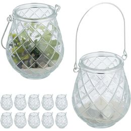 Windlicht, 12er Set, Glas, mit Henkel, HxD: 10 x 8,5 cm, innen & außen, Teelichthalter, transparent/ silber - Relaxdays