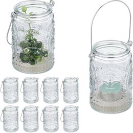 Windlicht, 12er Set, Glas mit Henkel, innen & außen, 10,5 x 7 cm, Hochzeit Teelichthalter, transparent/silber - Relaxdays