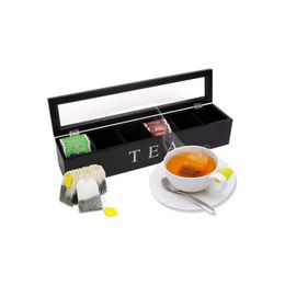 Oramics Teebox Teekiste mit 6 Fächern im edlen schwarzen Holzdesign Teebeutelbox