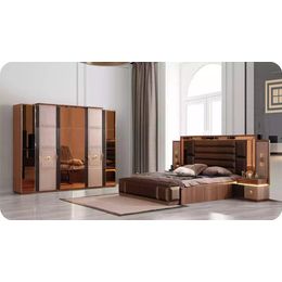 JVmoebel Schlafzimmer-Set Schlafzimmermöbel Komplette Luxus Bett Set Doppelbett Braun Stoff