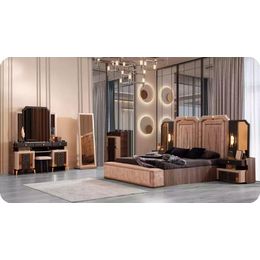 JVmoebel Schlafzimmer-Set Luxus Garnitur Doppelbett Set 6tlg Beige Stoff Bett mit Bettkasten
