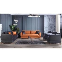 JVmoebel Wohnzimmer-Set Sofagarnitur 3+2+1+1 Holz Wohnzimmer Luxus Sofa Modern Stoff Komplett