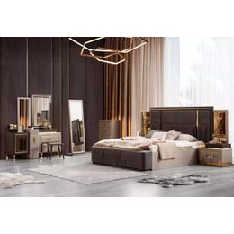 JVmoebel Schlafzimmer-Set Garnitur Luxuriöse Doppelbett Schlafzimmer Möbel Bett Grau 7tlg Set