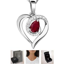 Limana Herzkette Damen Halskette echter Rubin Silber 925 Kette mit Herz-Anhänger Frauen (inkl. Herz Geschenkdose und Tasche)