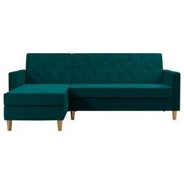 Ecksofa COSMOLIVING BY COSMOPOLITAN "Liberty, L-Form" Sofas Gr. B/H/T: 213cm x 82cm x 154cm, Veloursstoff, Recamiere beidseitig montierbar, blau (petrolfarben) mit Schlafffunktion, Recamiere beidseitig montierbar, Sitzhöhe 43 cm