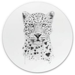 K&L WALL ART Alu-Dibond-Poster Rund Metalloptik Wandbild Boho Herzen Deko Leopard wilde Safari Katze Solti ø 45cm - weiß