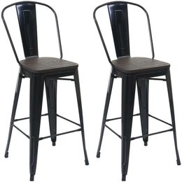 [NEUWERTIG] 2er-Set Barhocker HHG-407 inkl. Holz-Sitzfläche, Barstuhl Tresenhocker mit Lehne, Metall Industriedesign schwarz - black