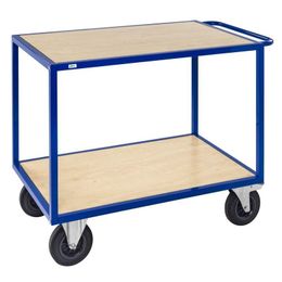 Kongamek - Tischwagen in blau 1200x680x934mm in Holzoptik mit Schiebegriff, Gummibereifung und Bremse