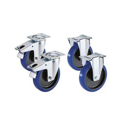 Proroll Set aus Vollelastik-Reifen auf Kunststoff-Felge, 2 Lenkrollen mit Doppelstopp, 2 Bockrollen, Rad-Ø x Breite 80 x 35 mm