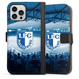 DeinDesign iPhone 13 Pro Max Handy Klapph&uuml;lle Handyh&uuml;lle aus Kunst Leder schwarz Flip Case Stadium 1. Fcm 1. Fc Magdeburg Sideflip mit langer Lasche