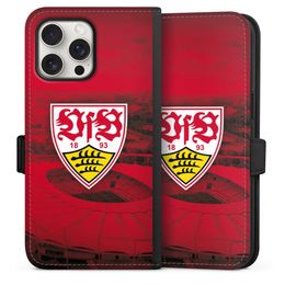 DeinDesign iPhone 15 Pro Max Handy Klapph&uuml;lle Handyh&uuml;lle aus Kunst Leder schwarz Flip Case Vfb Stuttgart Official Licensed Product Stadium Sideflip mit Lasche