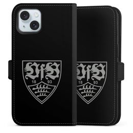 DeinDesign iPhone 15 Handy Klapph&uuml;lle Handyh&uuml;lle aus Kunst Leder schwarz Flip Case Official Licensed Product Vfb Stuttgart Logo Sideflip mit Lasche