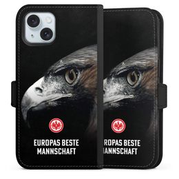 DeinDesign iPhone 15 Handy Klapph&uuml;lle Handyh&uuml;lle aus Kunst Leder schwarz Flip Case European Cup Official Licensed Product Eintracht Frankfurt Sideflip mit Lasche