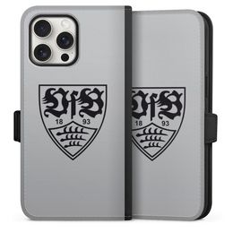 DeinDesign iPhone 15 Pro Max Handy Klapph&uuml;lle Handyh&uuml;lle aus Kunst Leder schwarz Flip Case Logo Official Licensed Product Vfb Stuttgart Sideflip mit Lasche