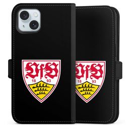 DeinDesign iPhone 15 Handy Klapph&uuml;lle Handyh&uuml;lle aus Kunst Leder schwarz Flip Case Vfb Stuttgart Coat Of Arms Official Licensed Product Sideflip mit Lasche