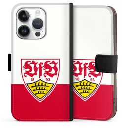 DeinDesign iPhone 14 Pro Handy Klapph&uuml;lle Handyh&uuml;lle aus Kunst Leder schwarz Flip Case Vfb Stuttgart Logo Official Licensed Product Sideflip mit langer Lasche