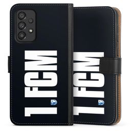 DeinDesign Galaxy A33 5G Handy Klapph&uuml;lle Handyh&uuml;lle aus Kunst Leder schwarz Flip Case Official Licensed Product 1. Fcm 1. Fc Magdeburg Sideflip mit langer 