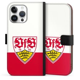 DeinDesign iPhone 14 Pro Max Handy Klapph&uuml;lle Handyh&uuml;lle aus Kunst Leder schwarz Flip Case Vfb Stuttgart Logo Official Licensed Product Sideflip mit Lasche