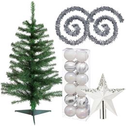 Weihnachtsdeko-Paket: Grüner Tannenbaum 100 cm mit Sockel + 12 Weihnachtskugeln 40 mm. Assorted Design + 2 silberne Lametta-Girlanden 2 m + Str.