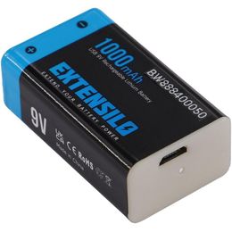 Extensilo - 4x 9V-Akku Block für diverse Geräte (1000mAh, 9V, Li-Ion), ready-to-use, mit Micro usb Buchse