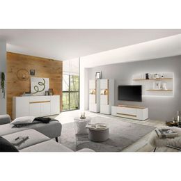 Lomadox Moderne Wohnzimmer Kombi CRISP-61 inkl. Beleuchtung in weiß mit Absetzungen in Wotan Eiche Nb. - braun
