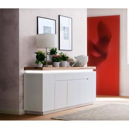 Lomadox Sideboard weiß 200 cm ROSARNO-05 in weiß matt lackiert mit Eiche massiv geölt und led Beleuchtung, b/h/t: ca. 200/81/40 cm - braun