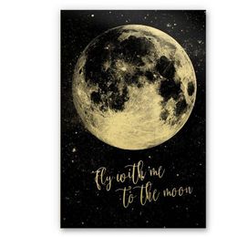 K&L WALL ART Alu-Dibond-Poster Vollmond Gold Metalloptik Wandbild Mond Fly me to the moon Affirmation 75x120cm - schwarz