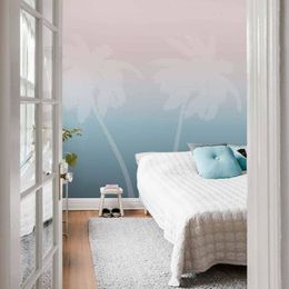 K&L WALL ART Große Fototapete Palmen Blau Schlafzimmer Tapete Rosa Paradies Farbverlauf 144x260cm - blau