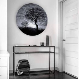 K&L WALL ART Alu-Dibond-Poster Rund Metalloptik Wandbild Sommer Sturm Baum des Lebens schwarz-weiß ø 120cm - weiß