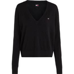 Tommy Jeans Pullover, Logo-Stickerei, V-Ausschnitt, für Damen, schwarz, L