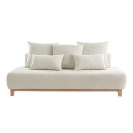 Miliboo Sofa aus beigem Stoff mit Samteffekt und hellem Holz 3-Sitzer B200 cm ODEON