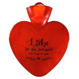 Wärmflasche Herz 1,0 l rot-transparent mit Druck "Liebe ist die Antwort, die Frage ist egal"