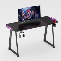 EXCAPE Gaming Tisch A14 mit LED Beleuchtung 140cm (+10cm Extensions) - Beine in A-Form Carbon-Optik, Schreibtisch Gaming-Getränkehalter, Kopfhörerhalte -PC Tisch Gamer Desk, Größe:140cmx60cm