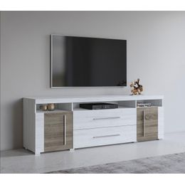 Helvetia Lowboard Roger,Breite 182 cm, stilvolle TV-Kommode, 2Türen 2 Schubladen, TV-Schrank mit viel Stauraum, TV-Board, beige|silberfarben