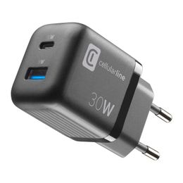 cellularline USB Charger Multipower Micro 30W GaN 2 Ports PD USB-Ladegerät (Ladegerät Lader für Samsung Galaxy, Apple iPhone, Google Pixel), schwarz