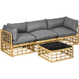 Outsunny - Gartenmöbel-Set für 3 Personen, 3 Sofas, Hocker & Beistelltisch, Sitzkissen, Alurahmen, Kunstrattan, Braun - Braun