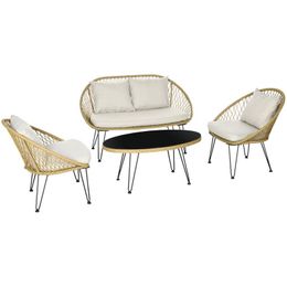 Gartensitzgruppe, 4-tlg., Rattanoptik, ovaler Tisch, zwei Stühle, Zweisitzer, mit Sitzkissen, Stahl, beige - Sand - Outsunny