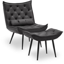 M Mcombo Sessel mit Hocker, Retro Vintage Lesesessel Loungesessel Stuhl Polstersessel, Kunstleder,4778MB (Dunkelgrau) - Dunkelgrau