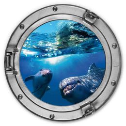 K&L WALL ART Alu-Dibond-Poster Rund Metalloptik Wandbild Badezimmer Bullauge Fenster Delfin Delphine ø 30cm - blau