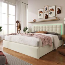 Polsterbett mit Lattenrost und Stauraum, Doppelbett mit LED-Streifen, Bettrahmen 180x200 cm, weiß
