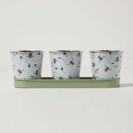 Homescapes - Blumentopf-Set Blumen & Bienen grün-weiß – 3 0,5l-Pflanztöpfe mit Tablett - Grün-Weiß