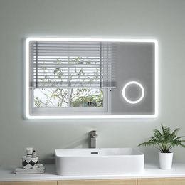 Badezimmerspiegel mit Beleuchtung led Badspiegel Wandspiegel 100 x 60 cm,Touch-Schalter,Uhr,3 Lichtfarbe,3-Fach Vergrößerung - S'afielina