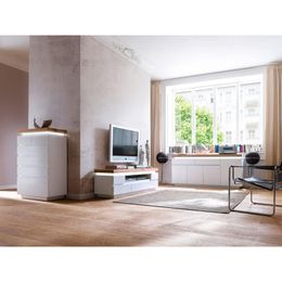 Lomadox Wohnzimmermöbel modern ROSARNO-05 Set in weiß matt lackiert mit Eiche massiv geölt und Beleuchtung - braun