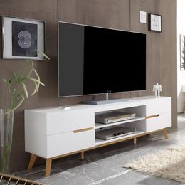 Lomadox Tv Lowboard weiß matt lackiert CERVERA-05 mit Massivholz in Asteiche furniert geölt, b/h/t: ca. 169/56/40 cm - braun