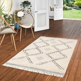 Pergamon In & Outdoor Teppich Shaggy Flachgewebe Sylt Creme Schwarz Rauten - 160x230 cm